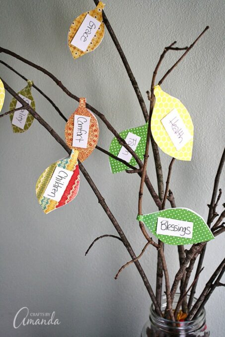 Thankful Tree: use scrapbook paper and twigs to make a thankful tree