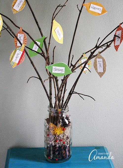 Thankful Tree: use scrapbook paper and twigs to make a thankful tree