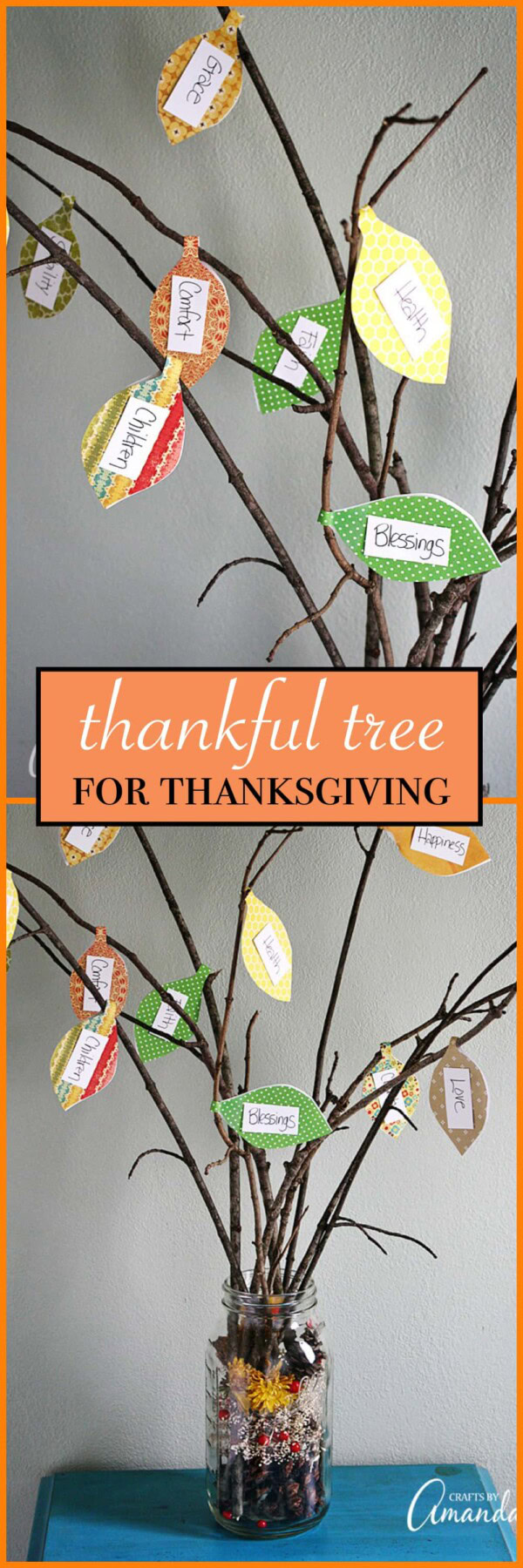 Thankful Tree: use scrapbook paper and twigs to make a thankful tree