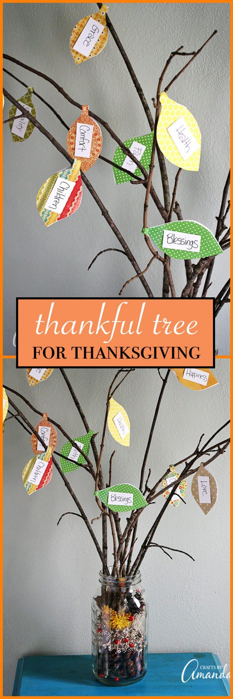 Thankful Tree: use scrapbook paper and twigs to make a thankful tree